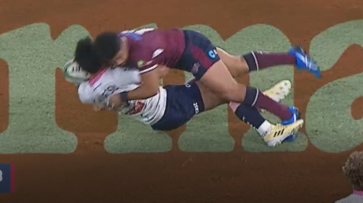 Hunter Paisami tackle Queensland Reds v Melbourne Rebels Super Rugby AU