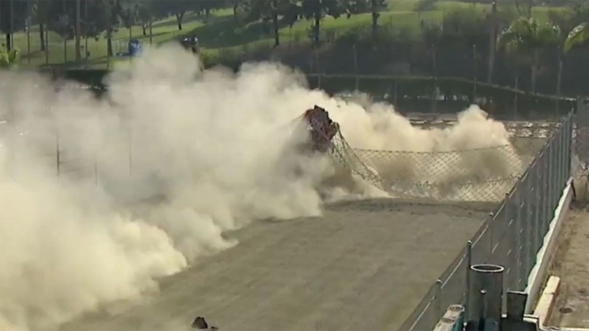 Out of control drag car splits in two