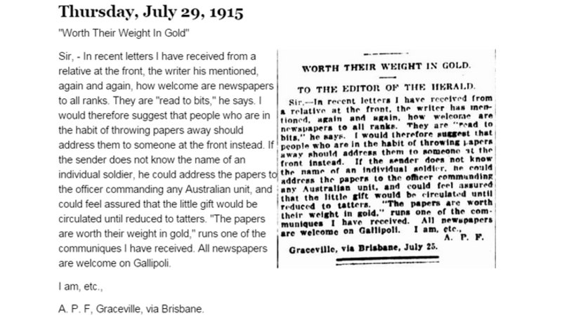 ANZAC Day 2015: Archive WWI letters to The Sydney Morning Herald, 1915-1916