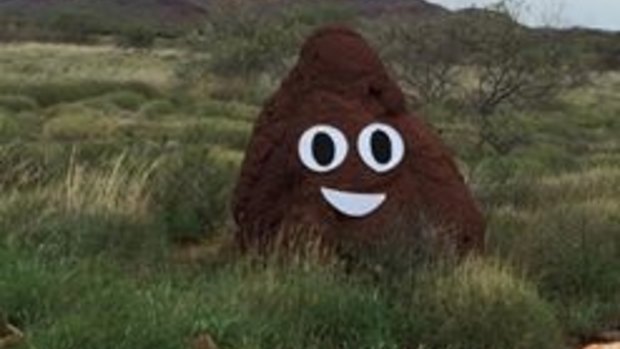 Pilbara termite mound transformed by locals into poo emoji roadside art
