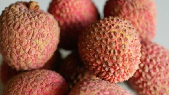 Lychees with pistachios and strawberries in rosewater syrup
