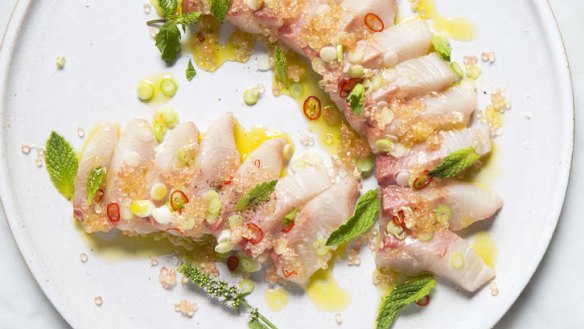 Sashimi of kingfish with finger lime, mint and chilli