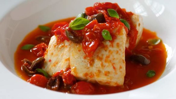 Blue-eye trevalla poached in tomato with basil and olives