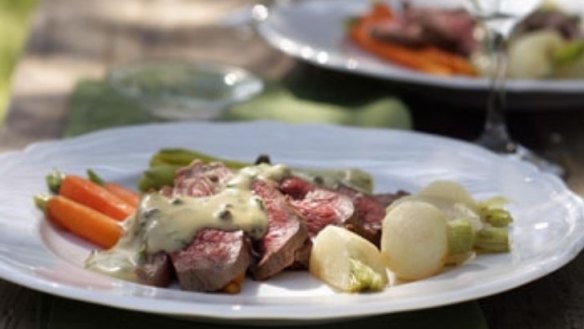 Poached lamb with parsley sauce and a potato and celeriac puree
