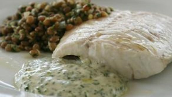 Steamed Murray cod with lentils and tarragon mayonnaise