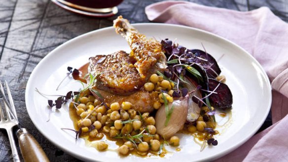 Duck breast, beetroot and chickpea salad, scorched lemon vinaigrette