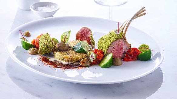 Roasted rack of lamb with charred eggplant puree, couscous, yogurt and ...