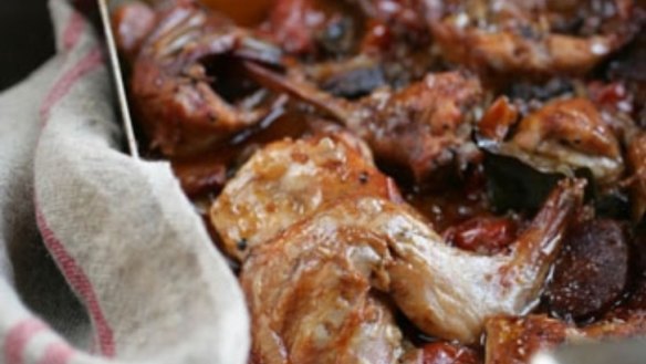 Slow-cooked rabbit with chorizo and mushrooms
