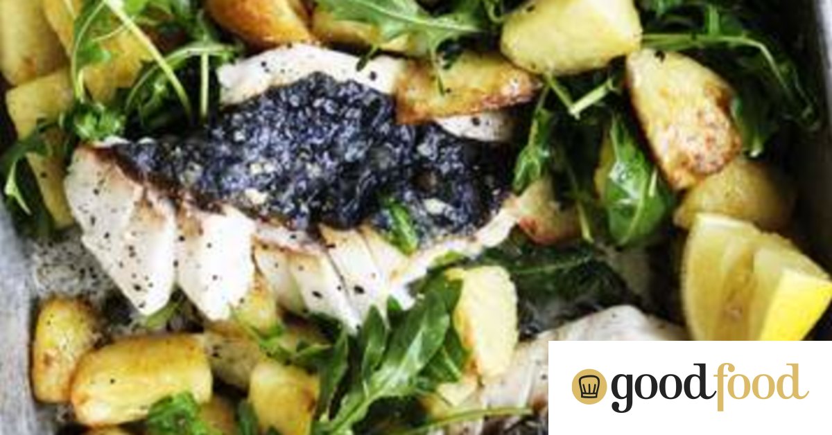 Roast hapuka with crispy potatoes and capers