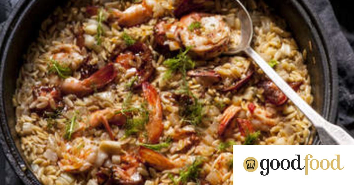 Fennel and orzo risotto with garlic prawns