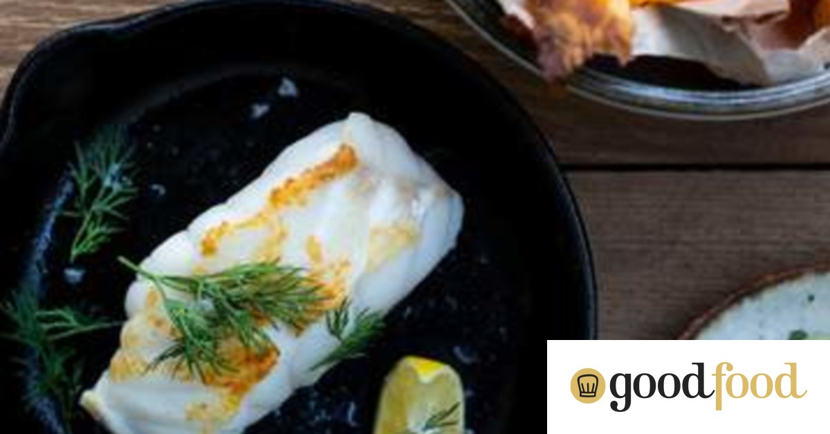 Pan-roasted ling with sweet potato chips and avocado yoghurt