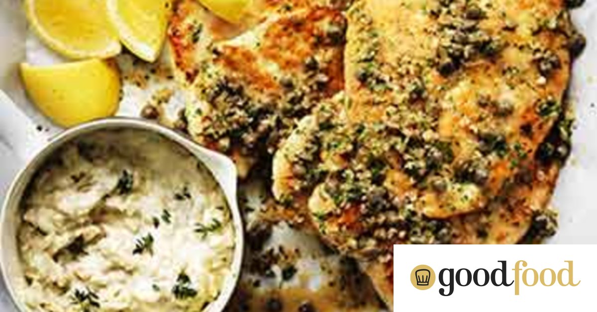 Chicken 'risotto' with lemon-caper sauce