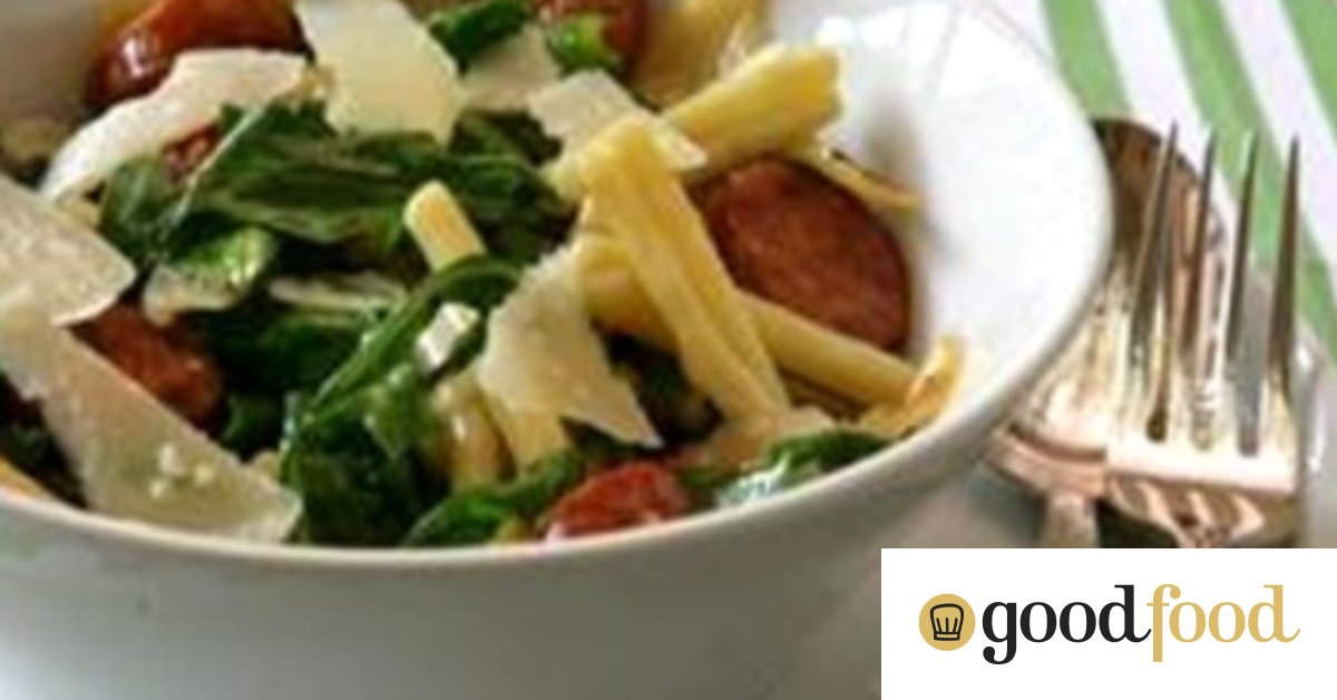 Casarecce with wilted rocket, chorizo and taleggio