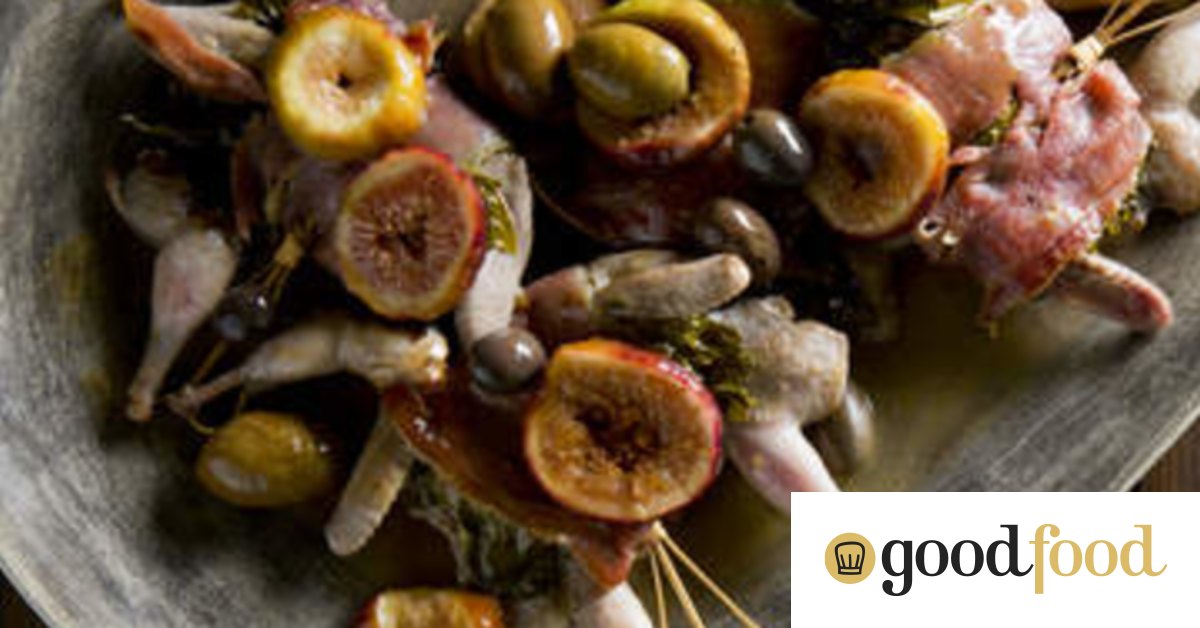 Quail saltimbocca with vine leaves, figs and olives