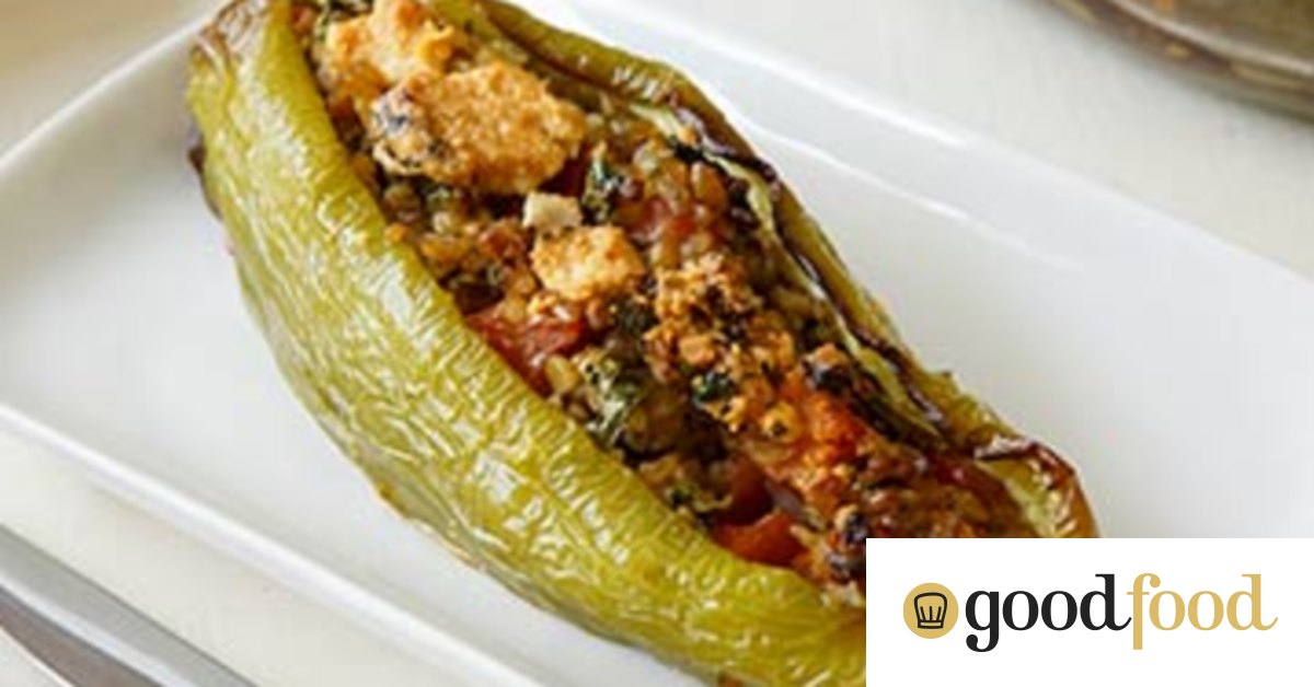 Bullhorn chillies stuffed with preserved lemon freekah