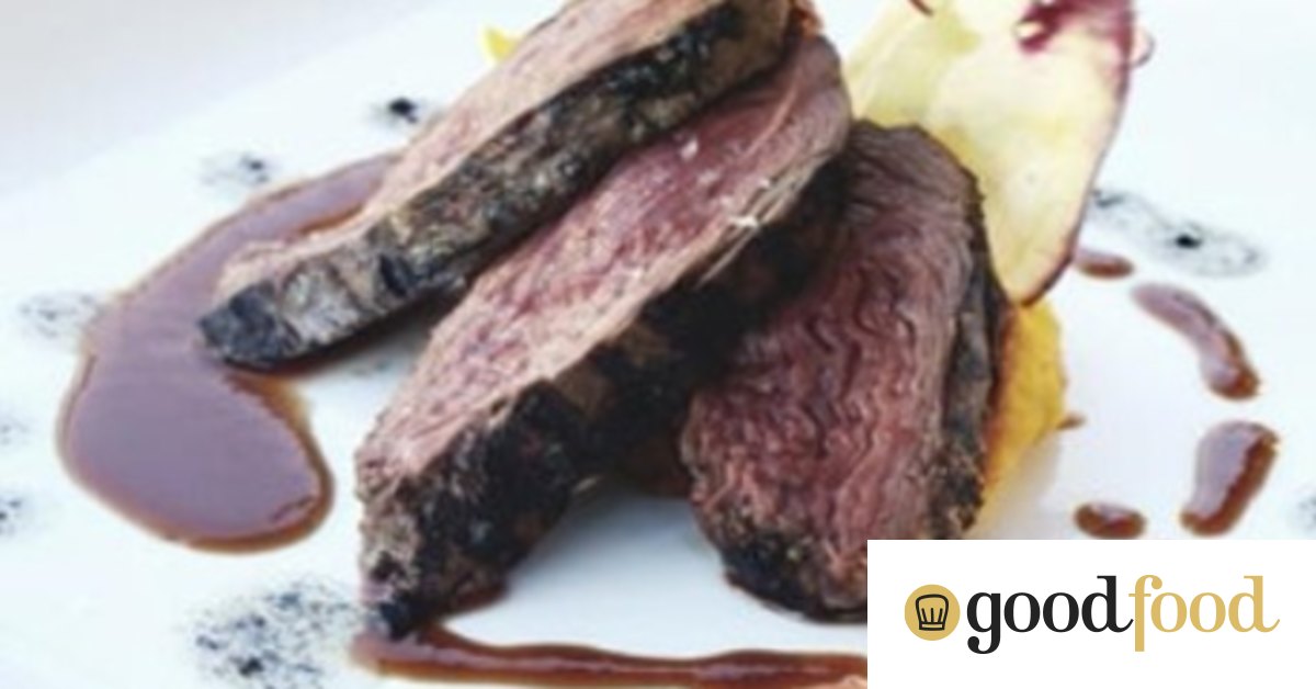 Grilled pepper roo in a sweet rosella jus