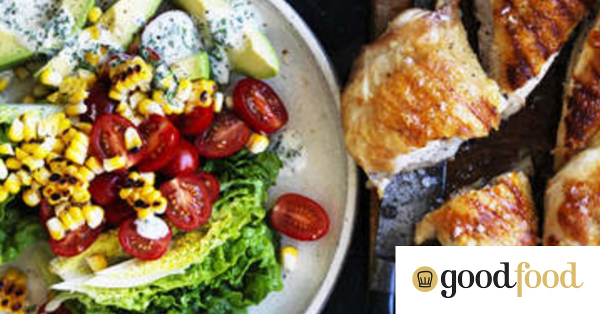 Barbecue chicken, corn and baby cos salad with ranch dressing