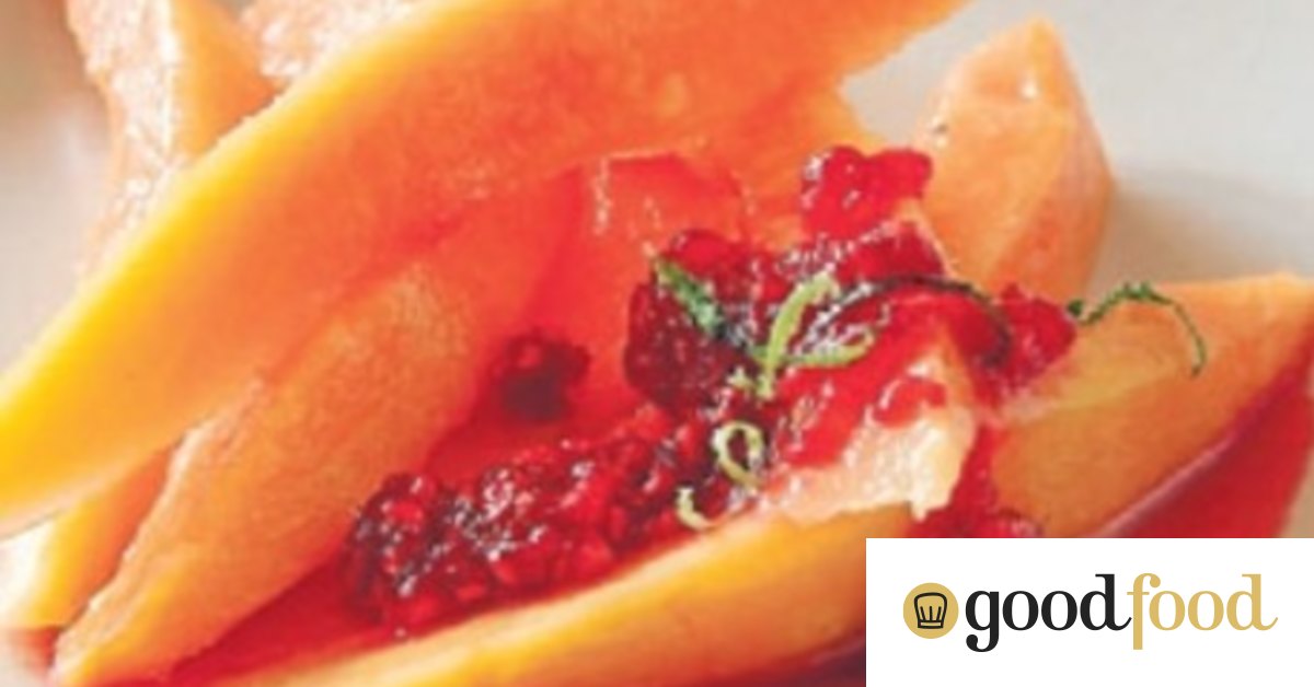 Papaya wedges with smashed raspberry and lime syrup