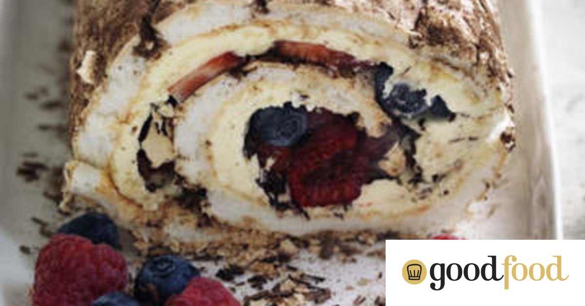 Blueberry, raspberry and strawberry roulade cake