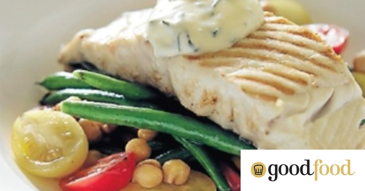 Chargrilled blue-eye cod with green beans, tomatoes and chickpeas