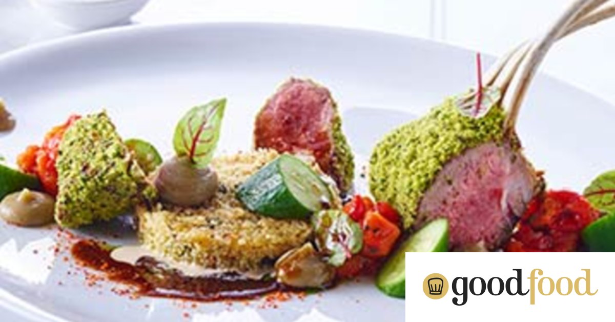 Roasted rack of lamb with charred eggplant puree, couscous, yogurt and ...