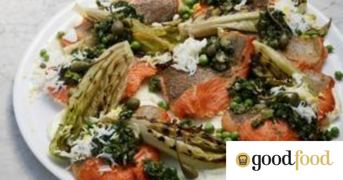 Seared ocean trout with grilled cos lettuce, peas and salsa verde