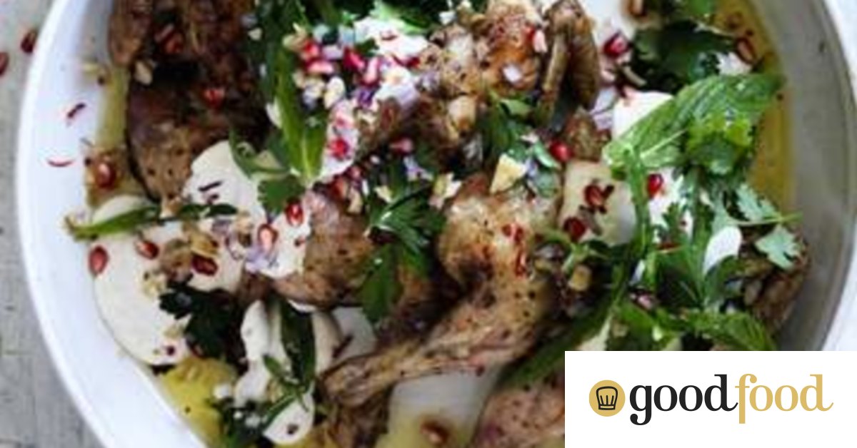 Chicken (spatchcock) tarator with herb and walnut salad