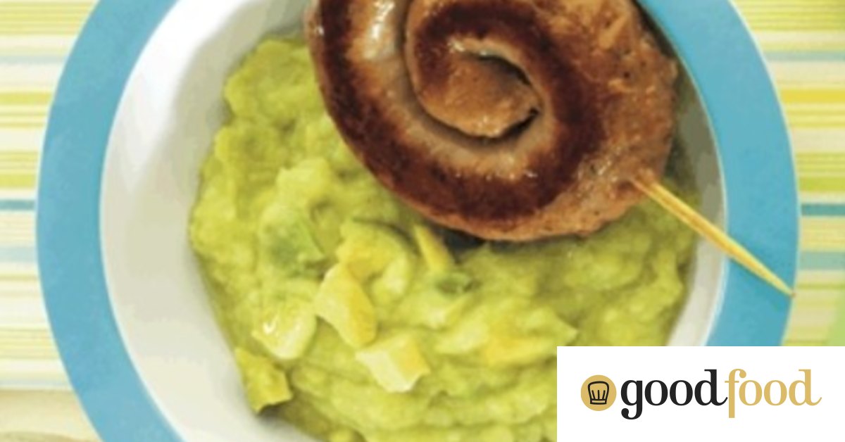 Sausage snakes on avocado-potato mash