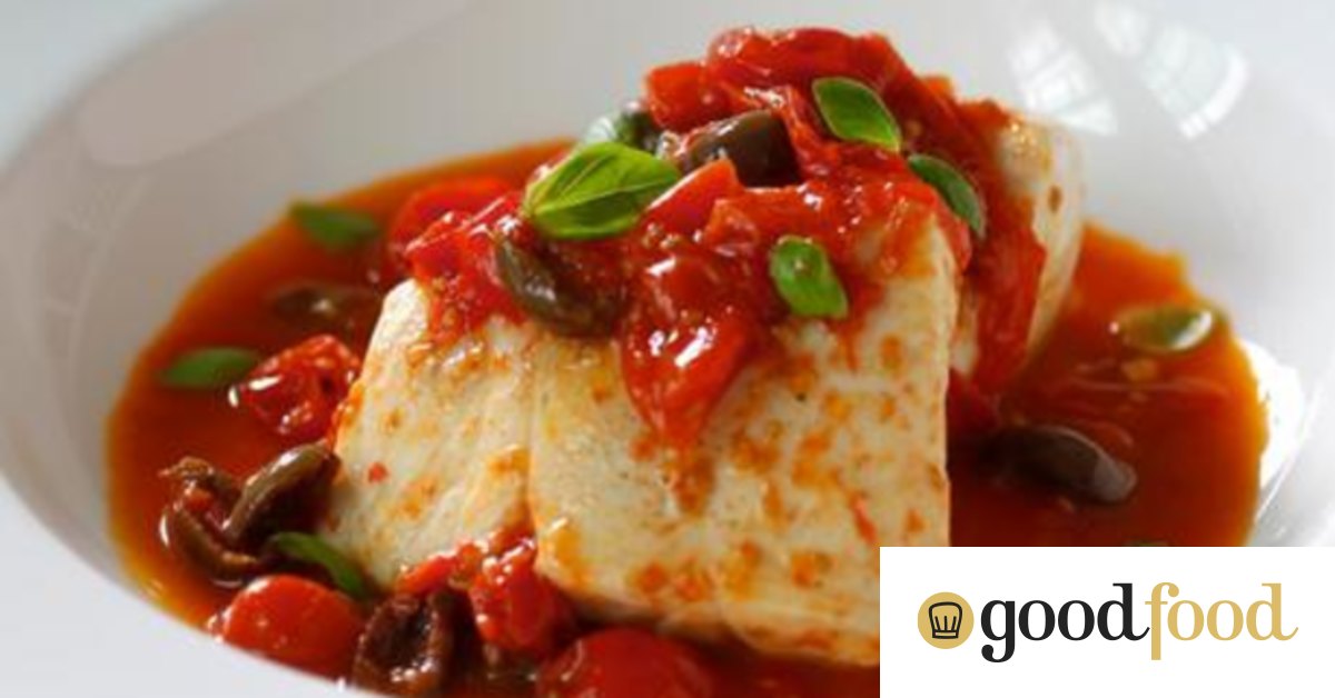 Blue-eye trevalla poached in tomato with basil and olives
